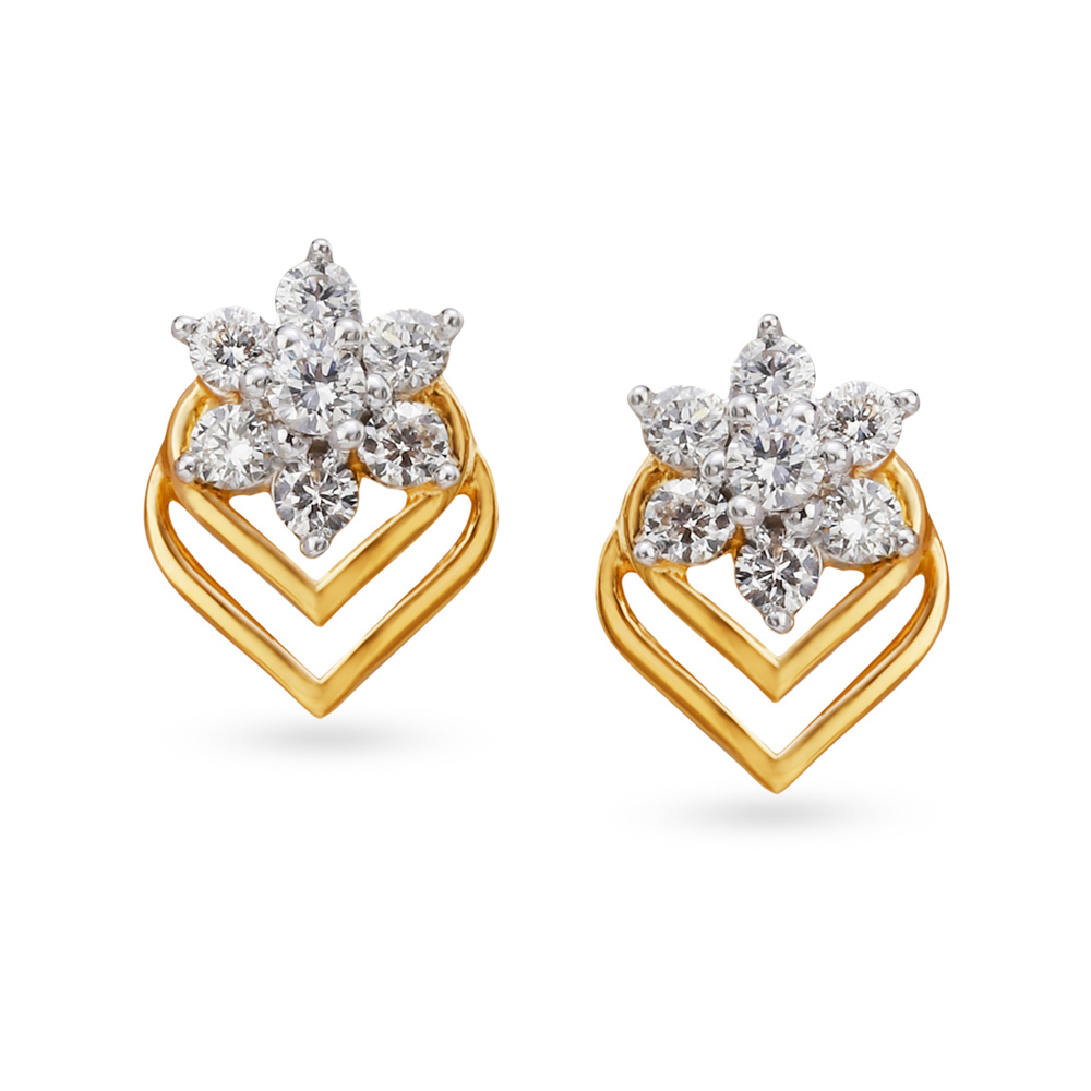 Floral Motif Heart Pattern Diamond Stud Earrings