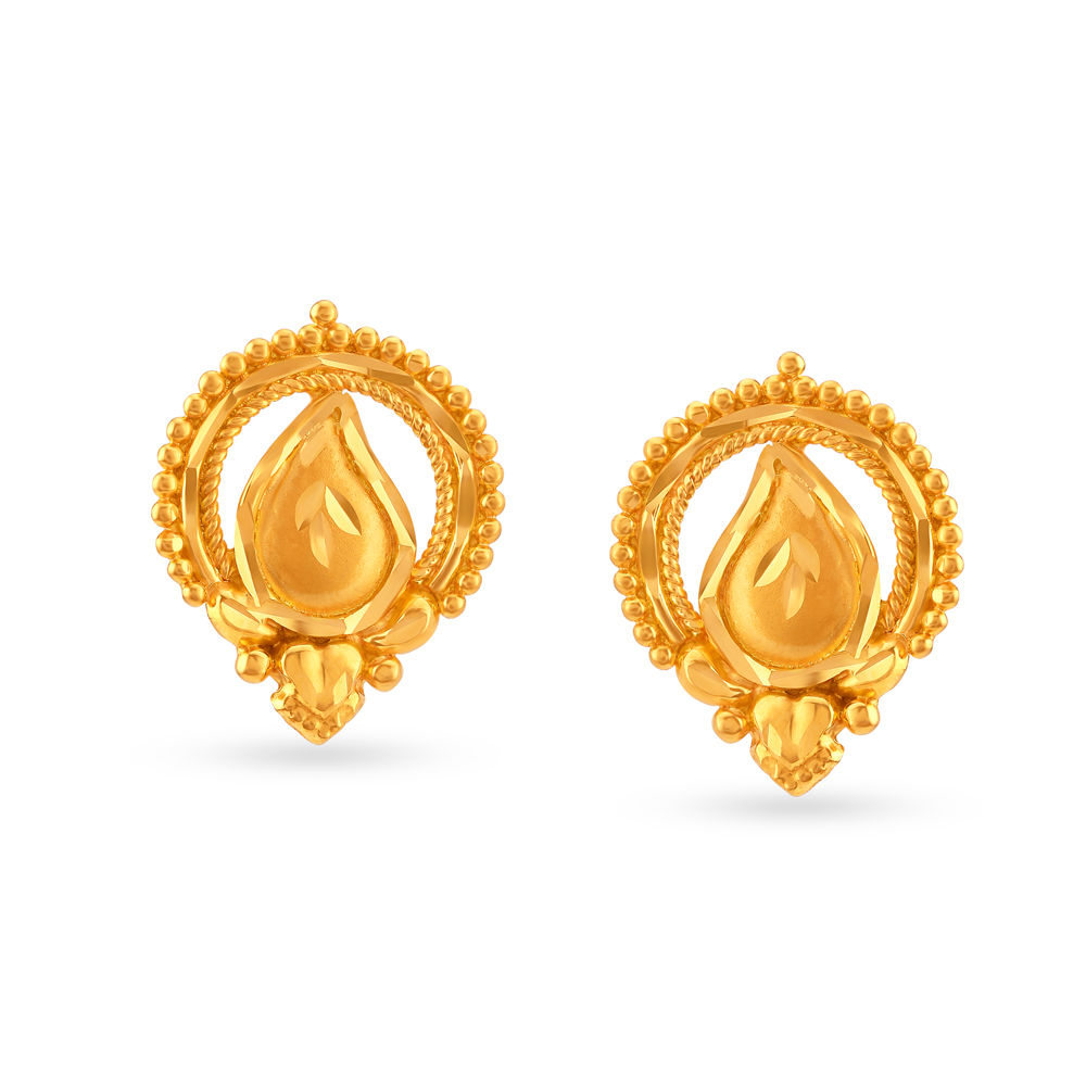 Heart Motif Gold Stud Earrings With Rava Work
