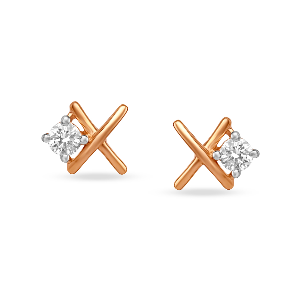 Subtle Cross Rose Gold and Diamond Stud Earrings