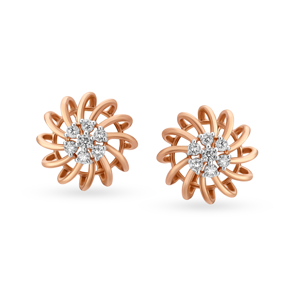 Stylish 18 Karat Rose Gold And Diamond Floral Studs