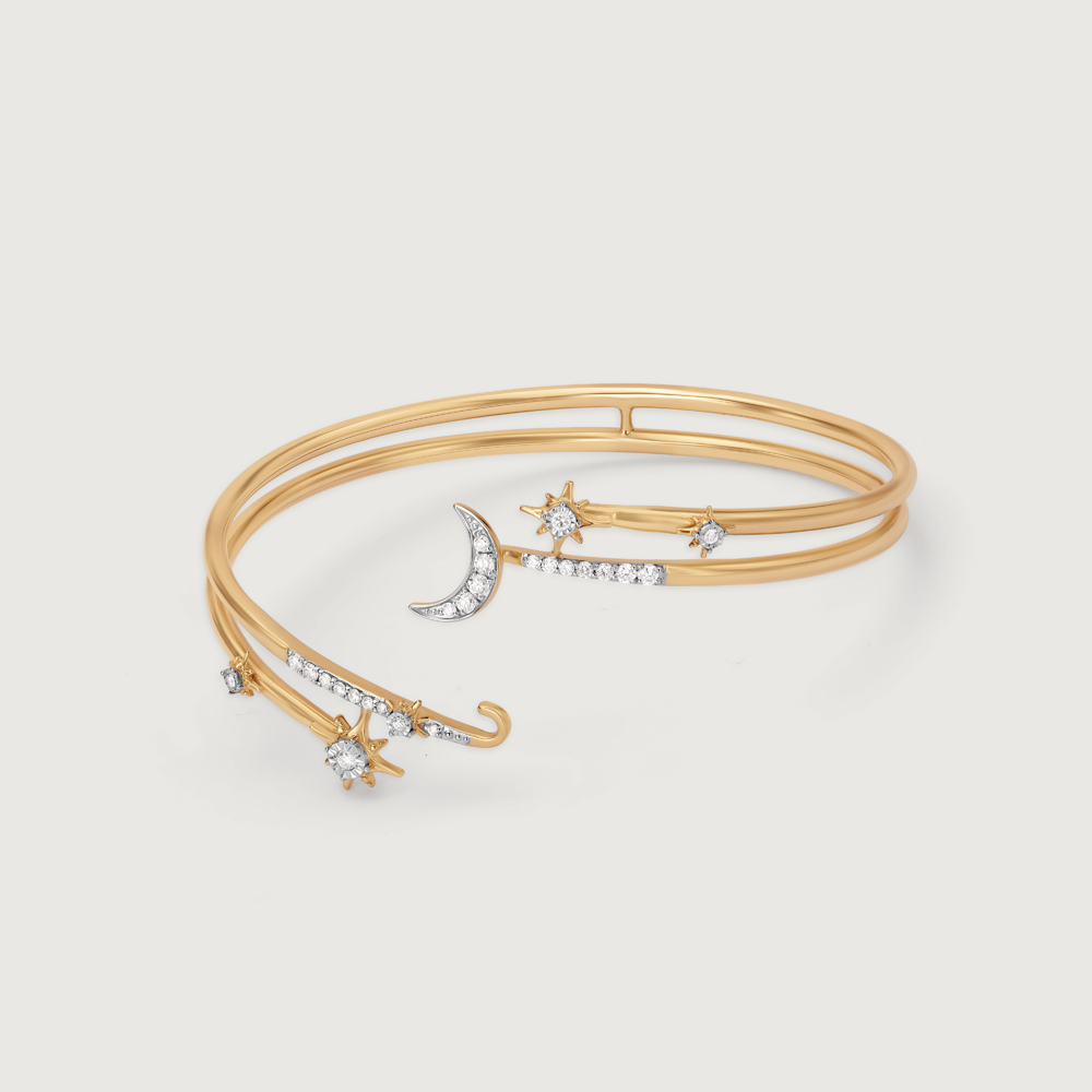 Stellar Elegance 14KT Sparkling Diamond Moon and Star Bangle