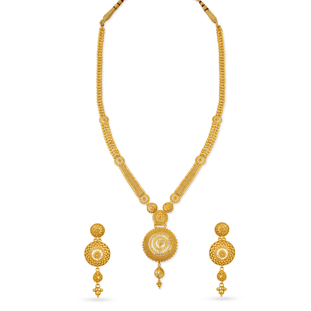 Ravishing 22 Karat Yellow Gold Beaded Disc Necklace And Earrings Set