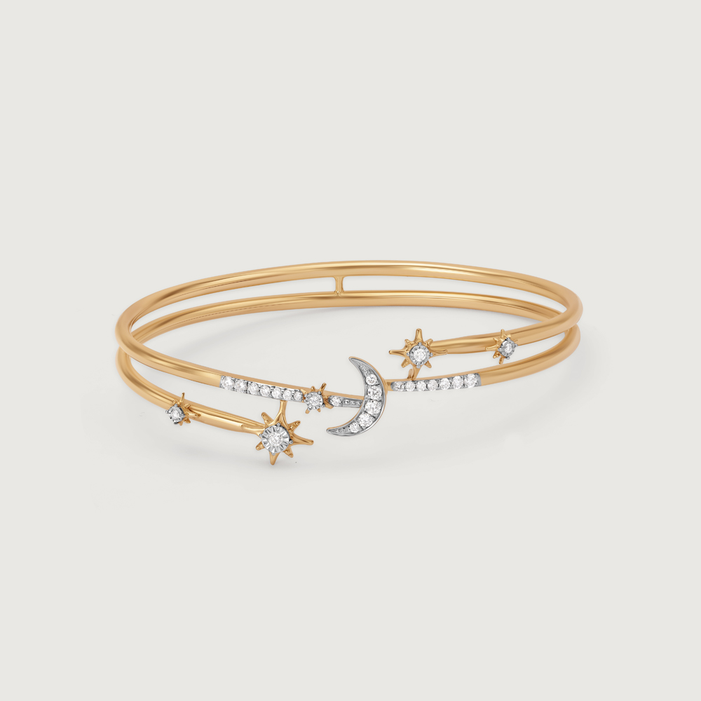Stellar Elegance 14KT Sparkling Diamond Moon and Star Bangle
