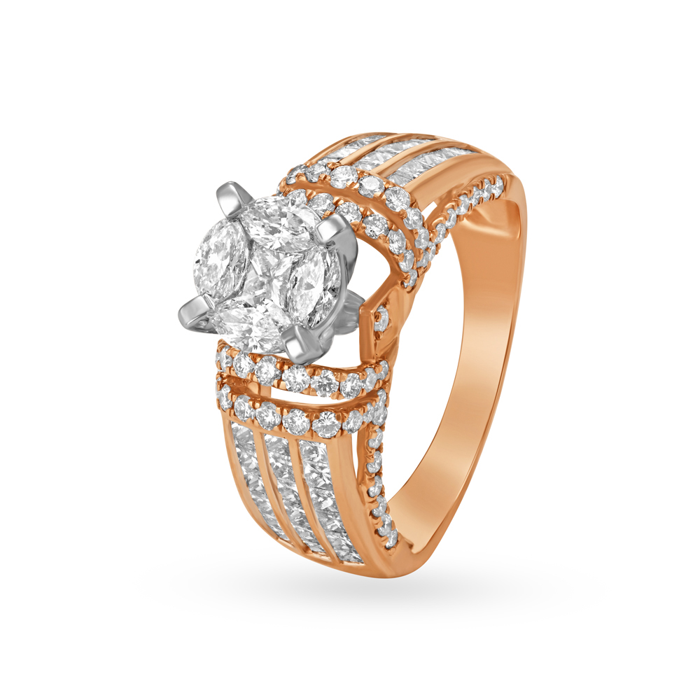 Spangled White And Rose Gold And Diamond Cluster Finger Ring