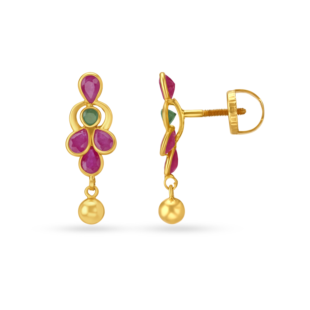 Voguish Emerald And Ruby Gold Drop Earrings