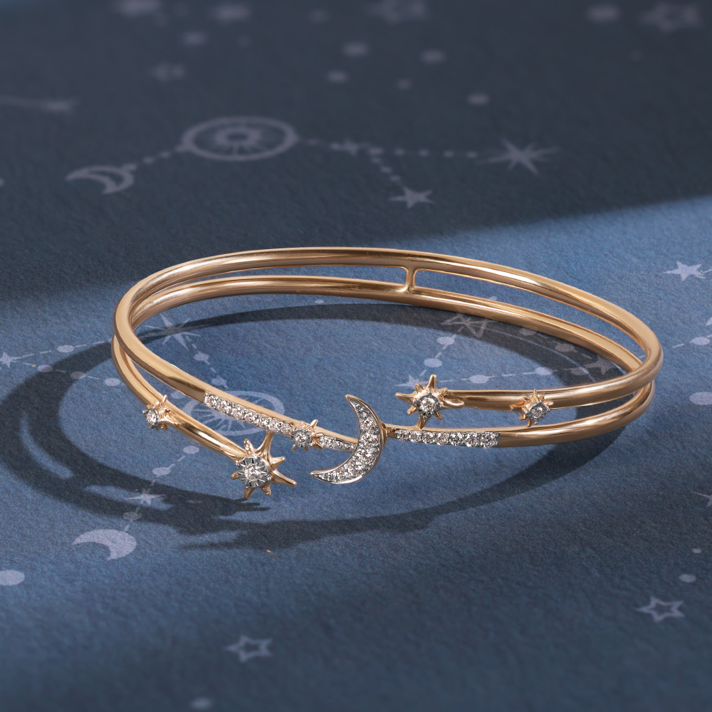 Stellar Elegance 14KT Sparkling Diamond Moon and Star Bangle