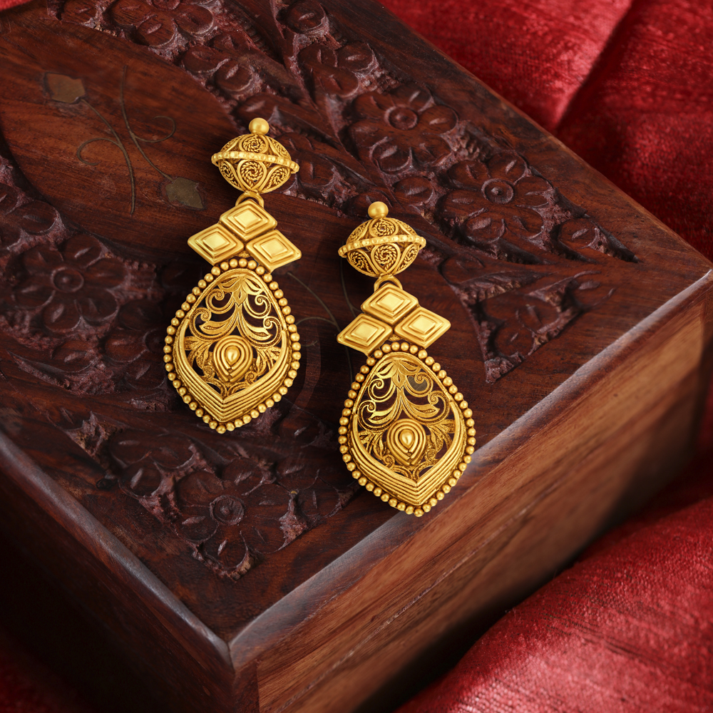 Traditional 22 Karat Yellow Gold Floral Drops