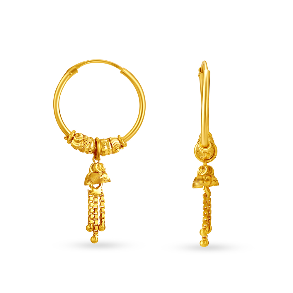 Beautiful 18 Karat Yellow Gold Tasselled Bali Style Hoop Earrings