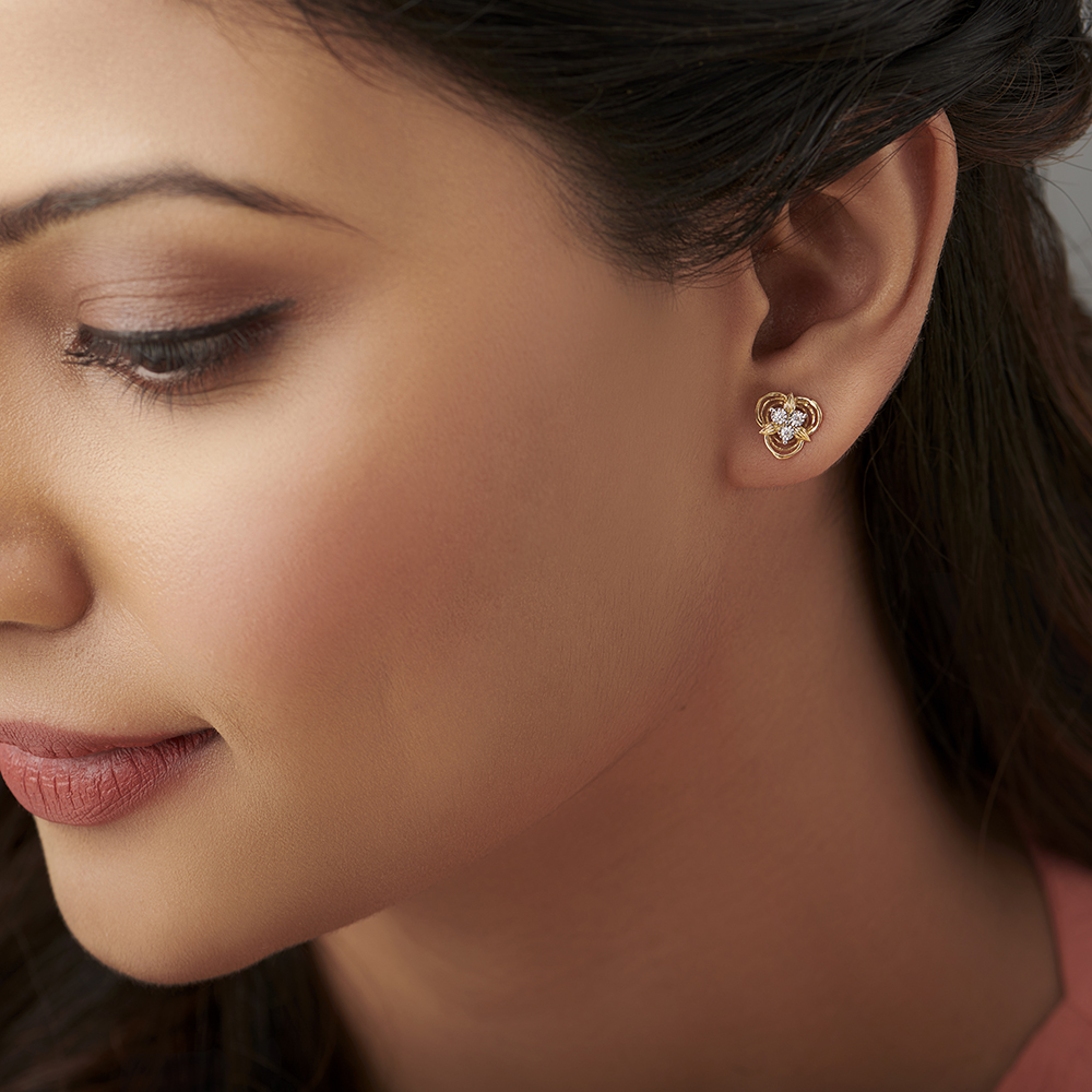 Floral Dazzling Gold and Diamond Stud Earrings