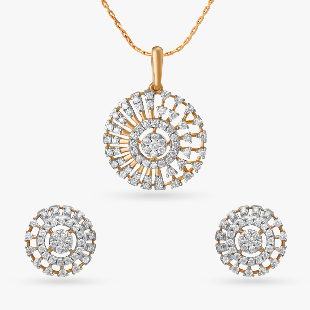Clean Radial Diamond Pendant and Earrings Set