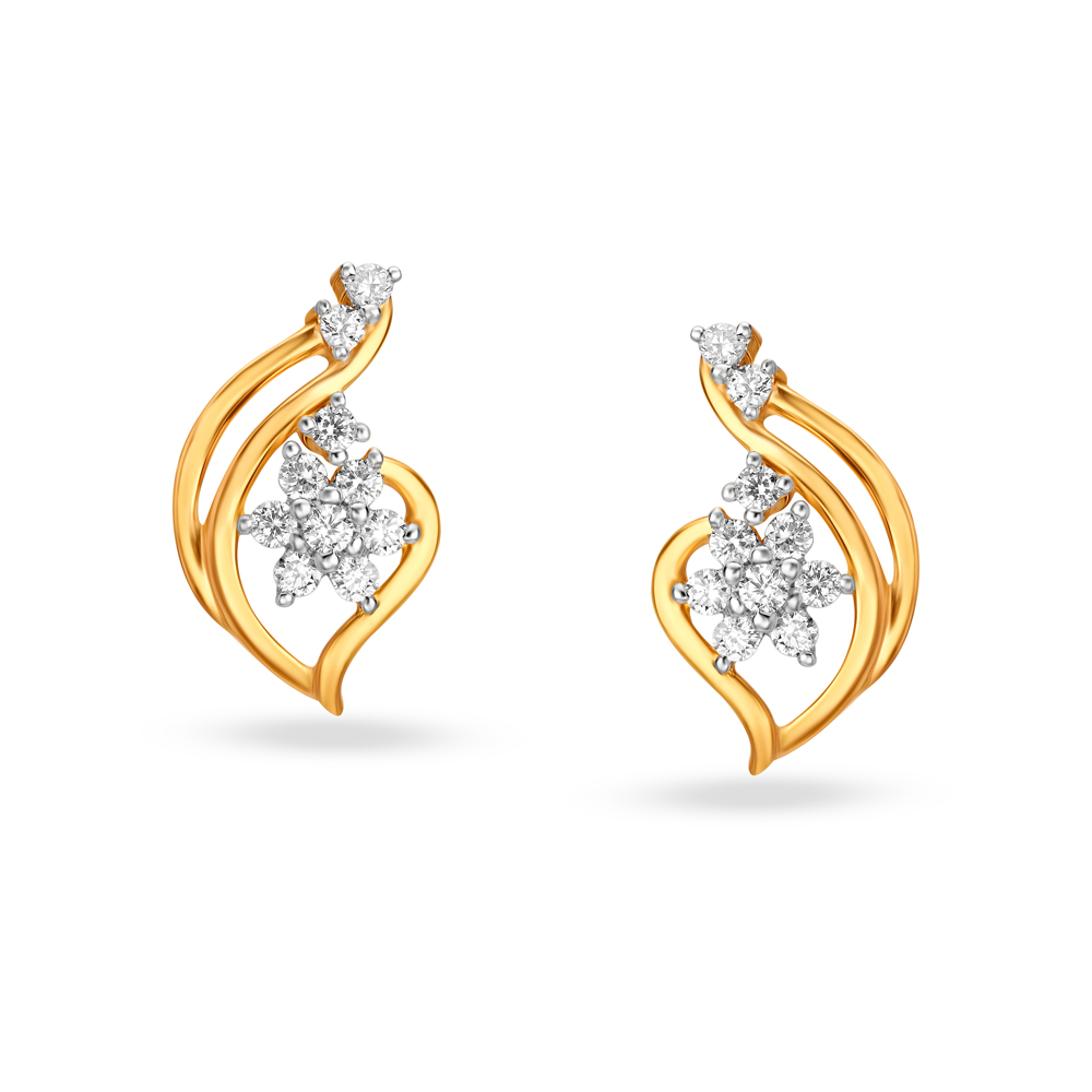Feminine Floral Gold and Diamond Stud Earrings