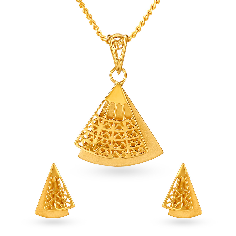 Cosmopolitan Yellow Gold Triangular Pendant and Earrings Set