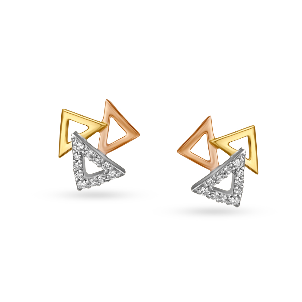 Edgy Triangular Yellow, White and Rose Gold Stud Earrings with Diamonds