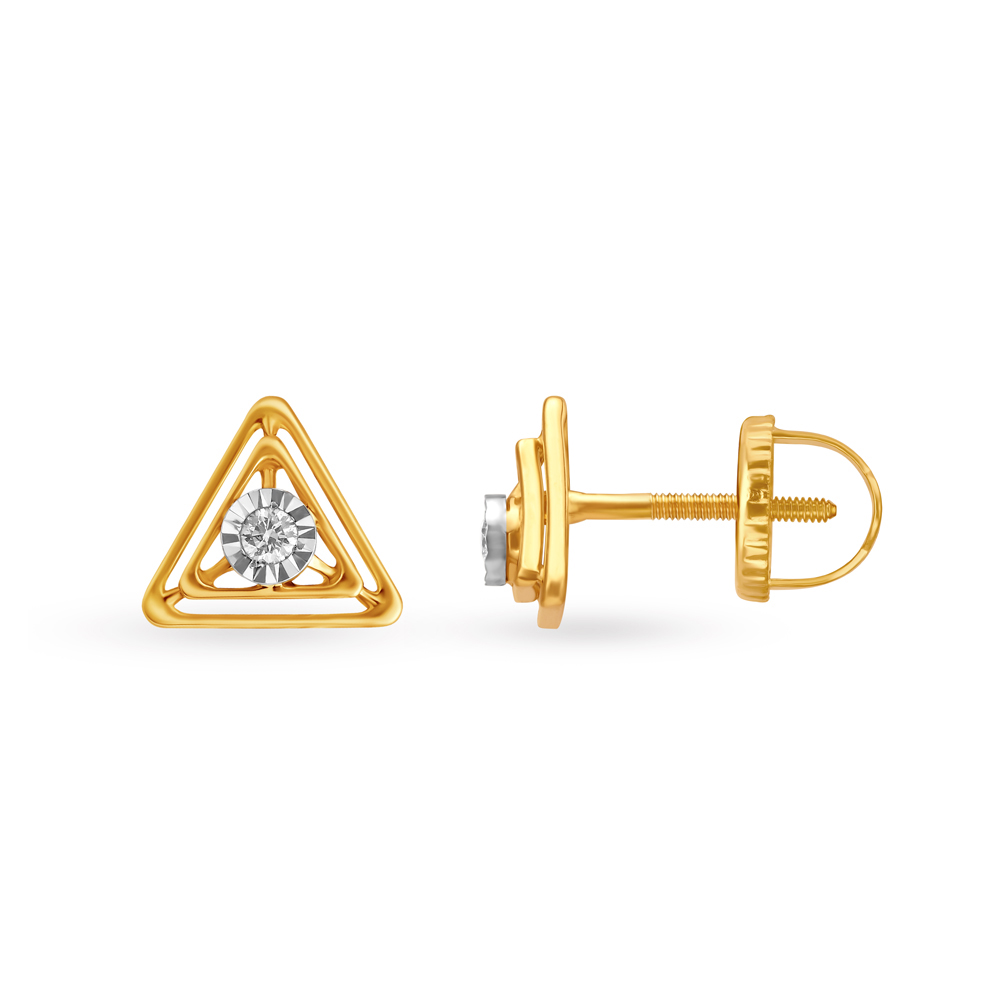 Subtle Triangular Gold and Diamond Stud Earrings