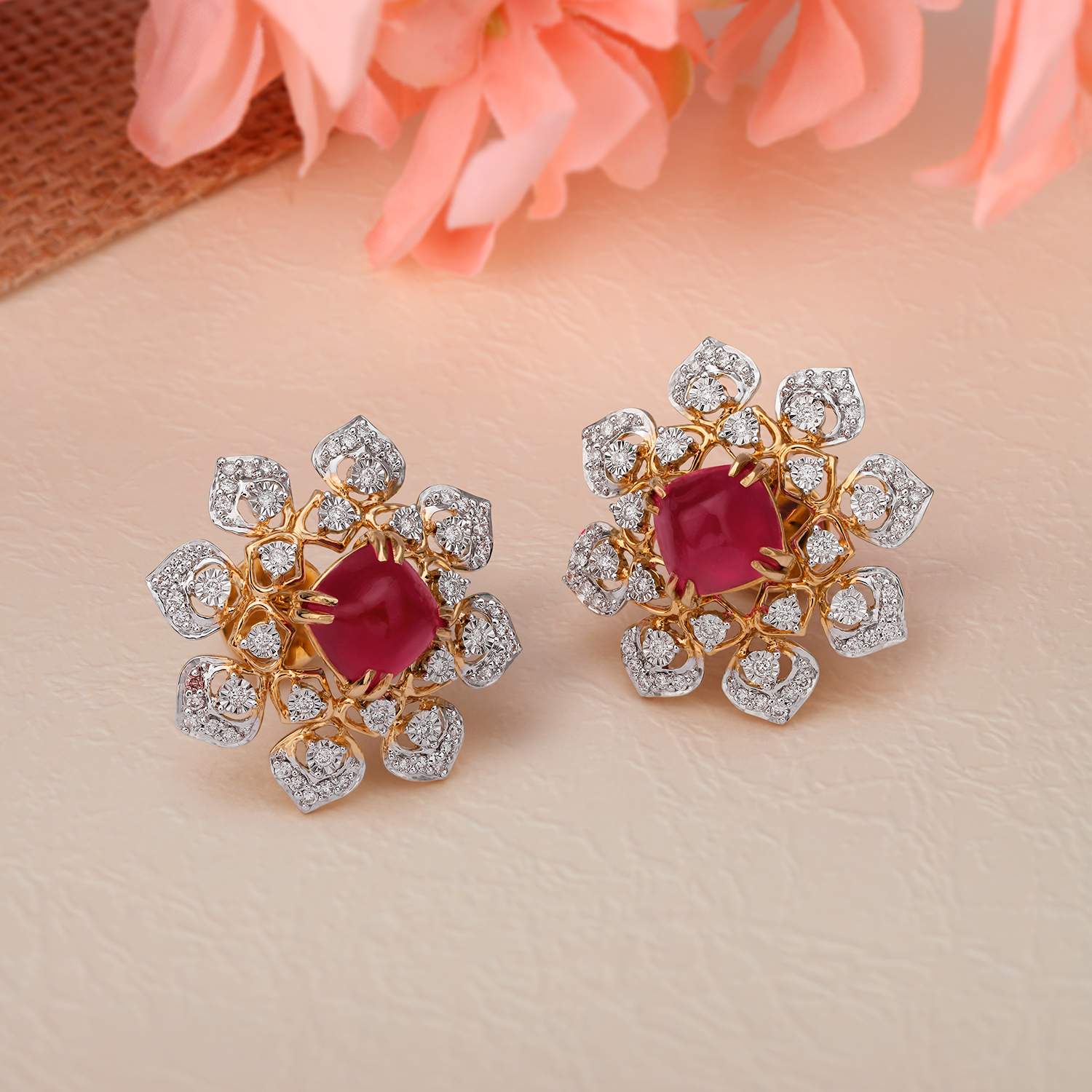 Vibrant 18 Karat Yellow Gold And Diamond Floral Studs