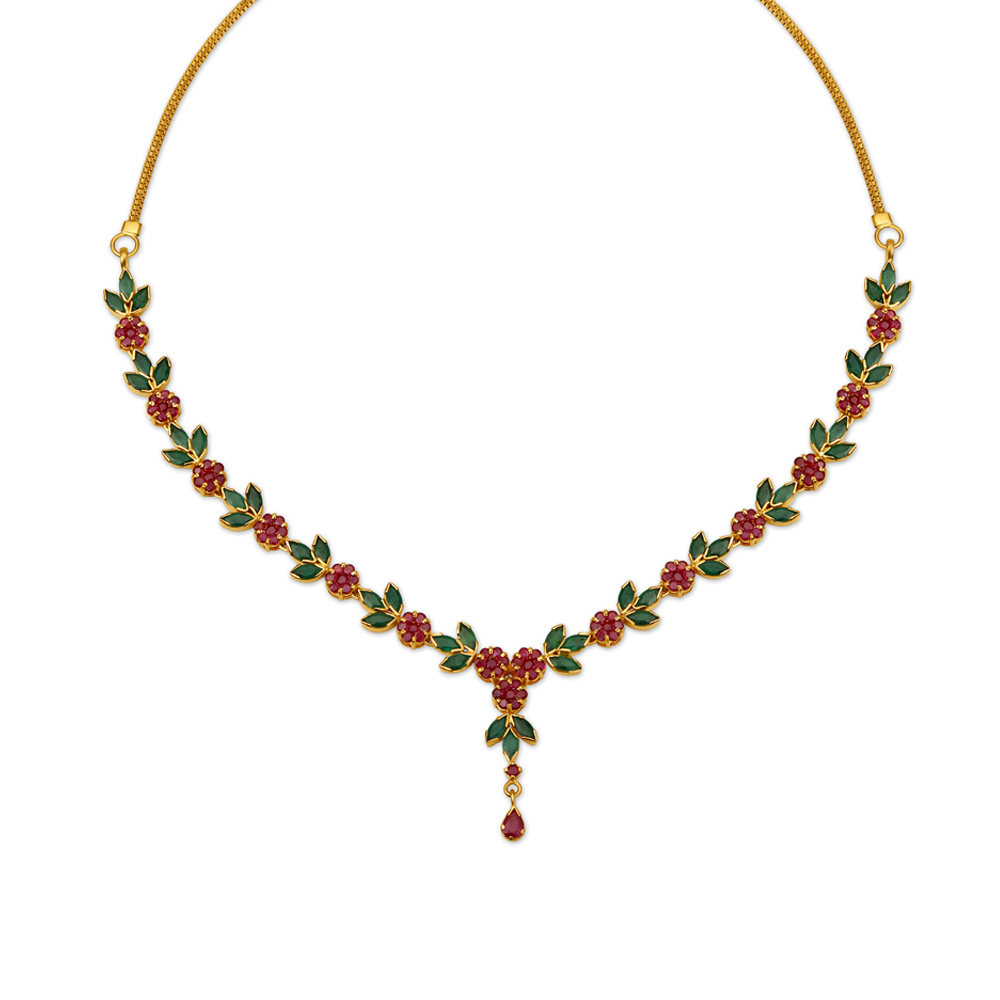 Elegant Floral Traditional Emerald and Ruby Necklace