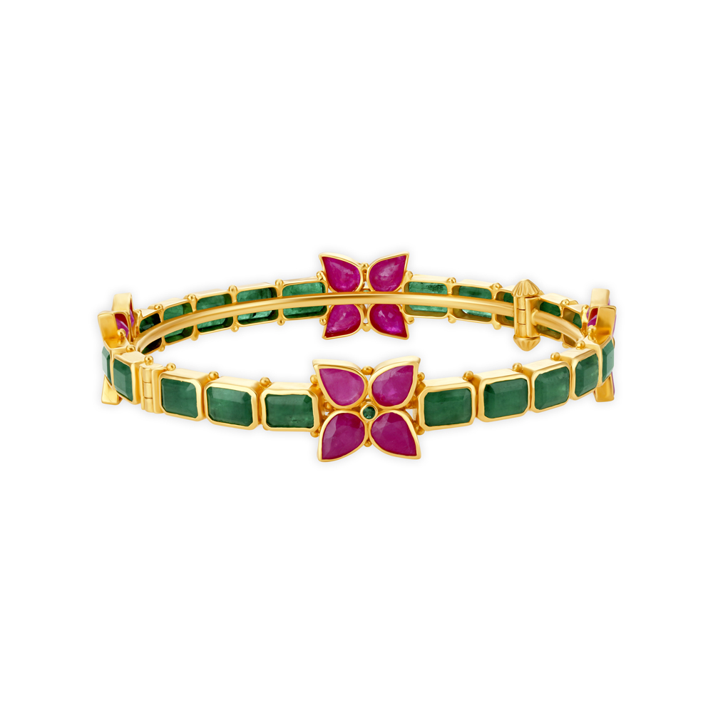 Floral Emerald And Ruby Studded Gold Bangle