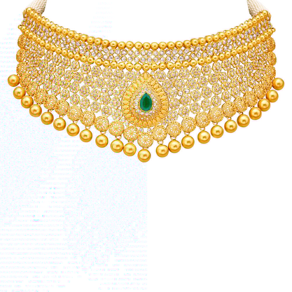 Floral Motif Jali Work Gold Necklace