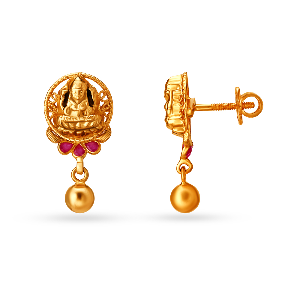 Ruby Temple Motif Gold Drop Earrings