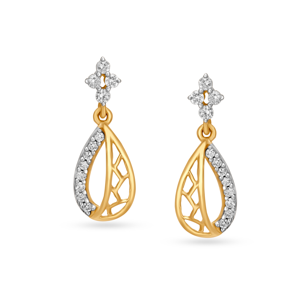 Floral Teardrop Gold and Diamond Drop Earrings