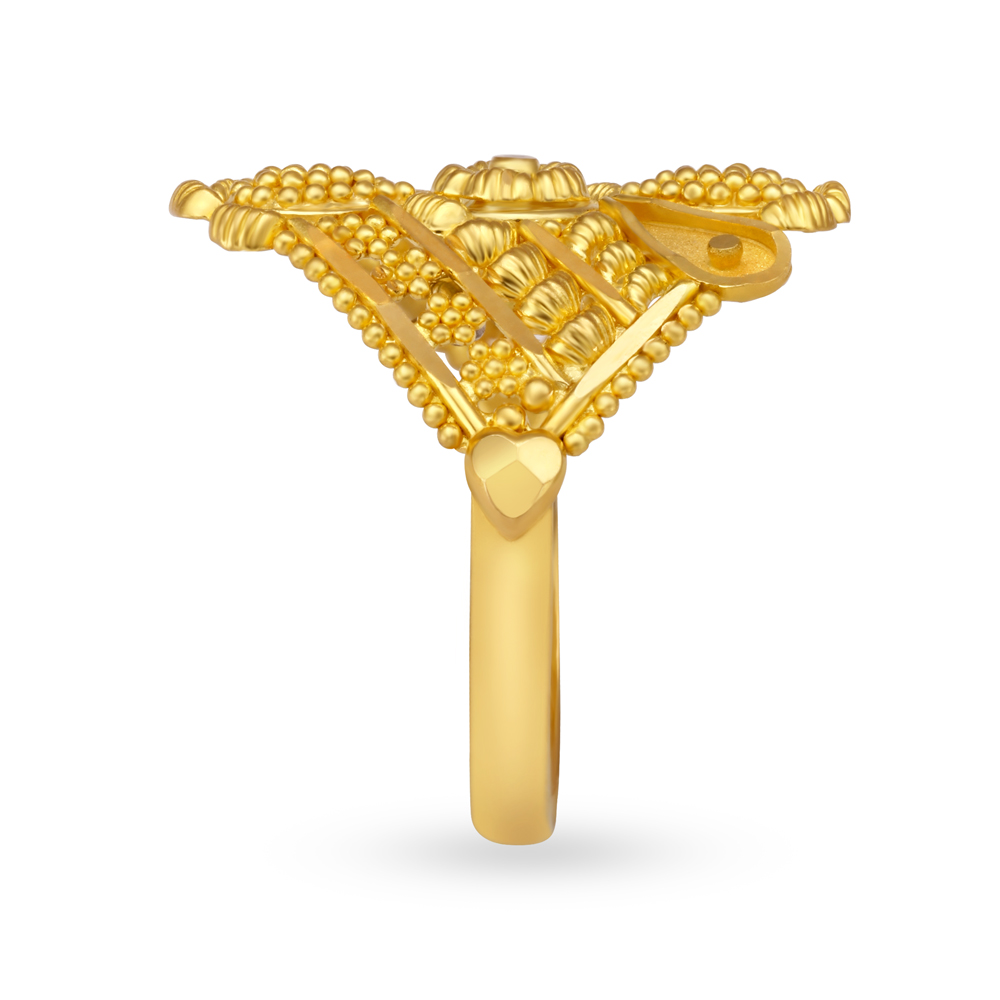 Classical Yellow Gold Beaded Floral Finger Ring