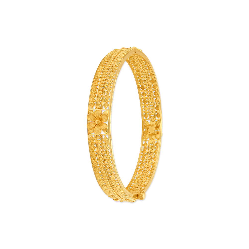 Shining 22 Karat Yellow Gold Beaded Floral Bangle