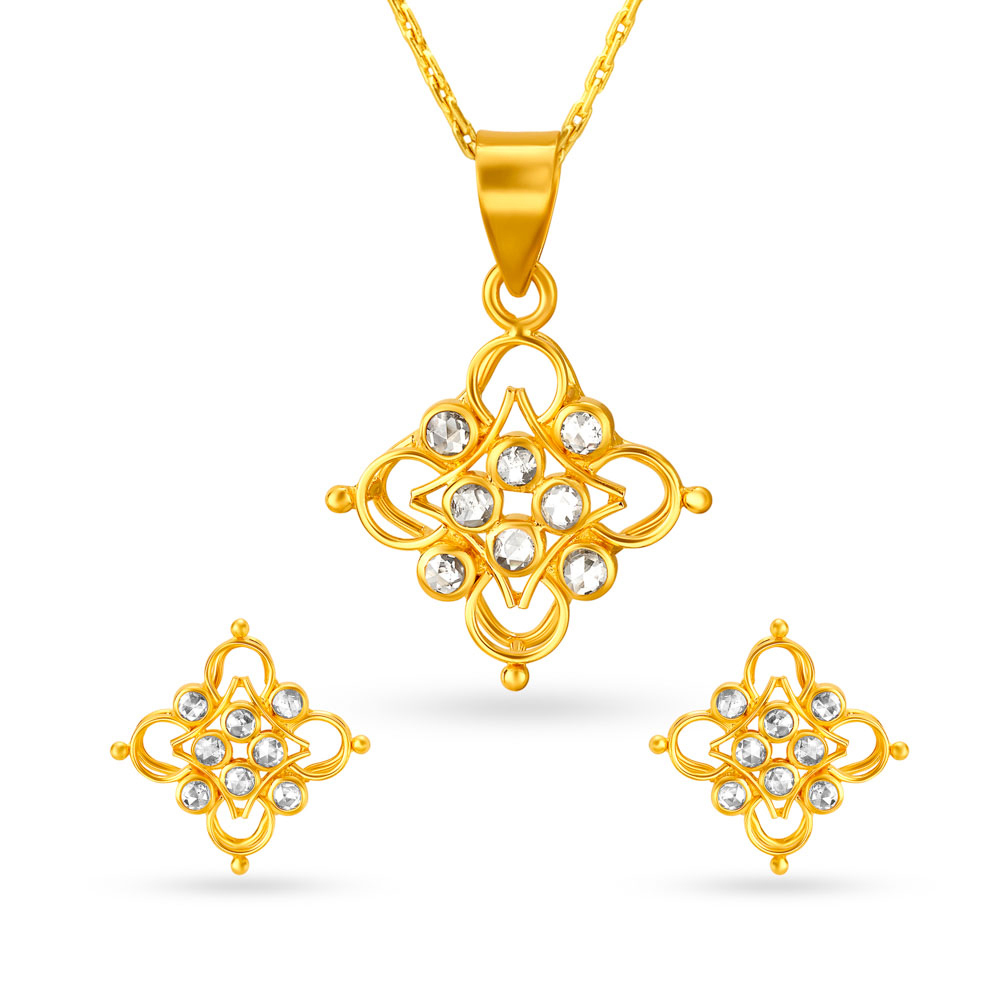 Winsome Diamond Chakri Gold Pendant And Earrings Set
