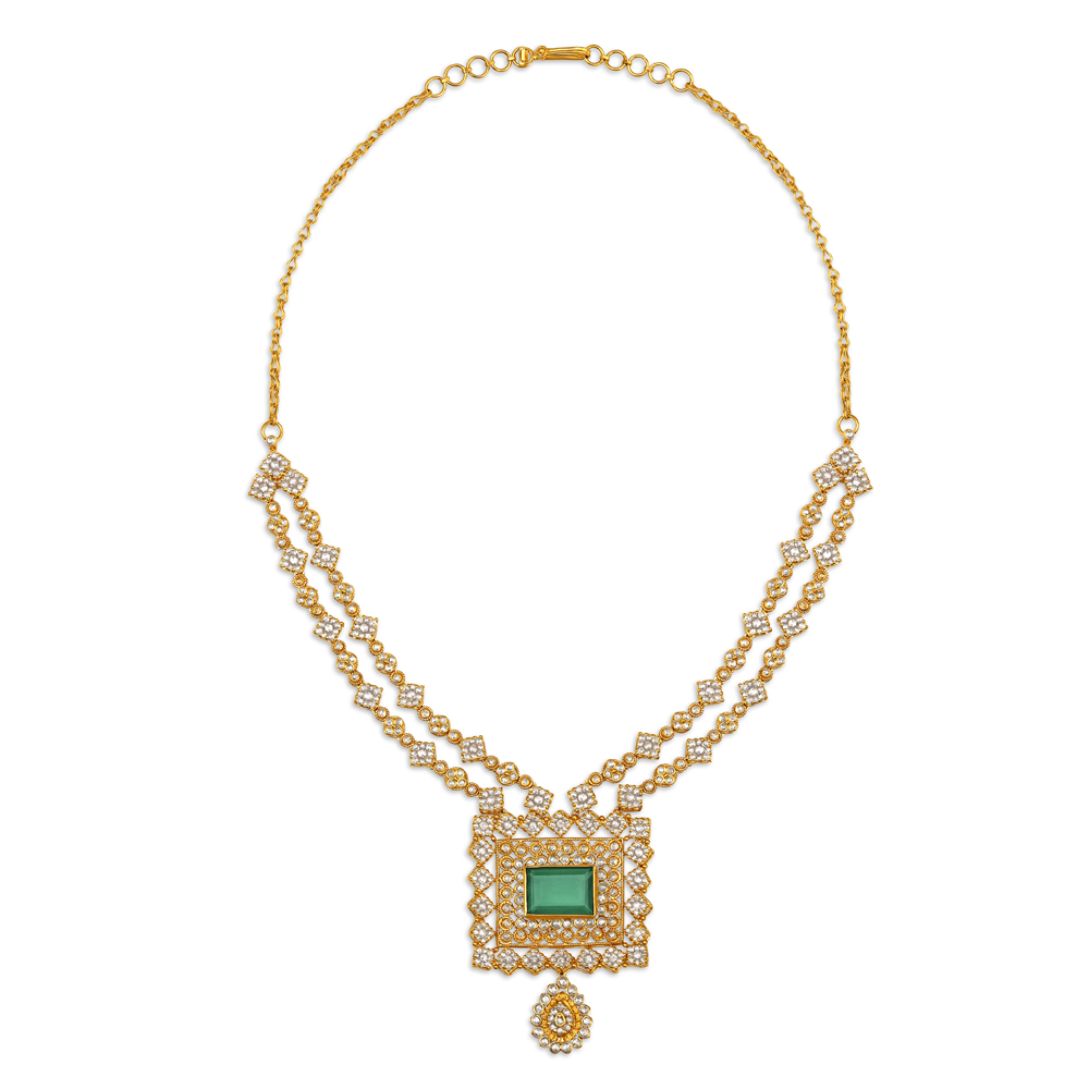 Fancy Rectangular Coloured Stones Studded Gold Necklace Set