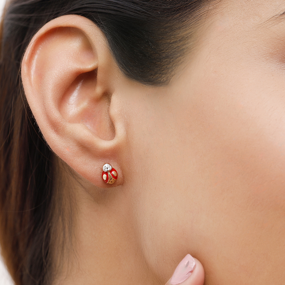 14KT Yellow Gold Lucky Ladybug Diamond Stud Earring