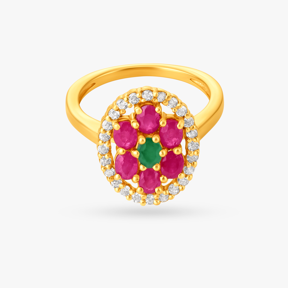 Edgy Floral Emerald and Ruby Ring