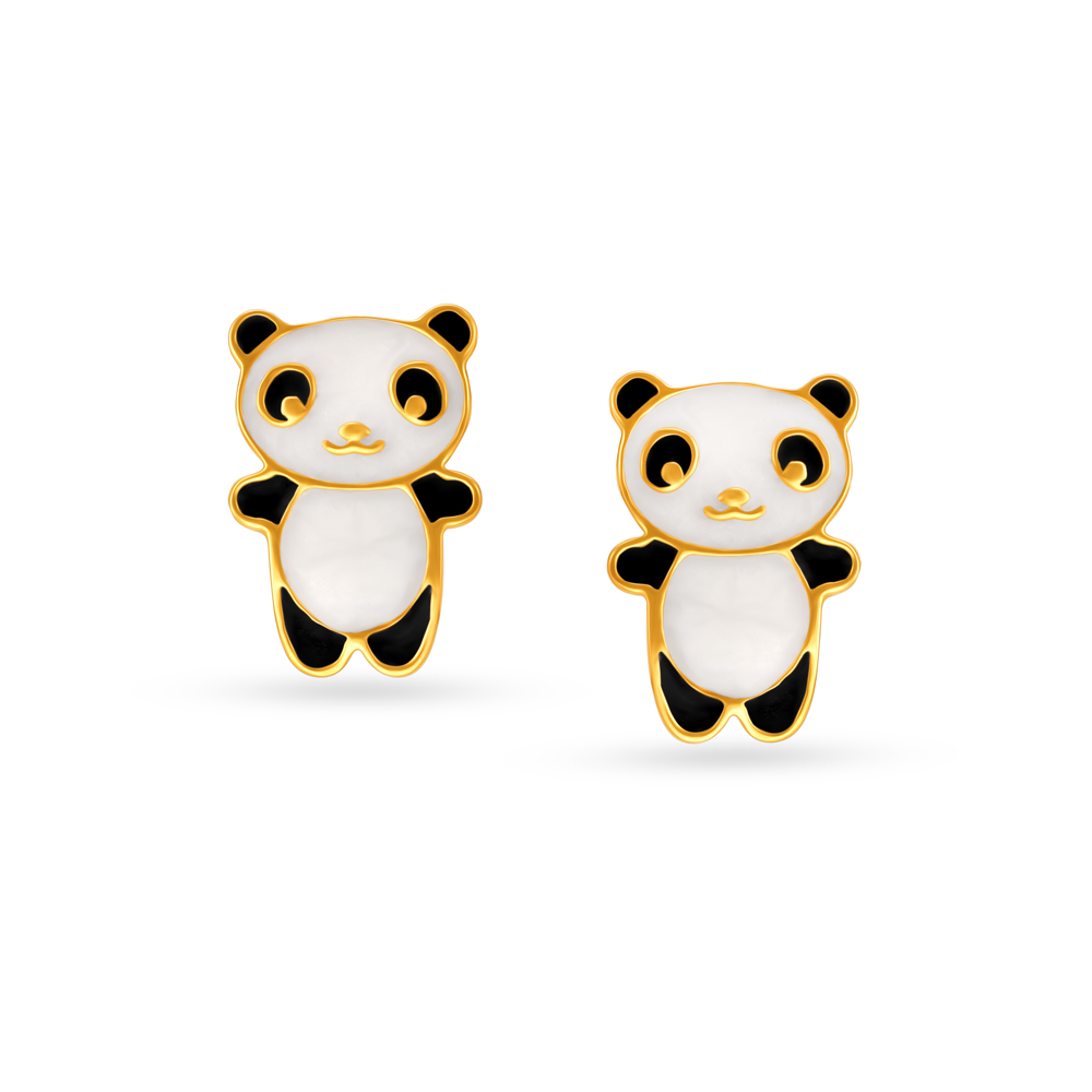 Panda Motif Gold Stud Earrings For Kids