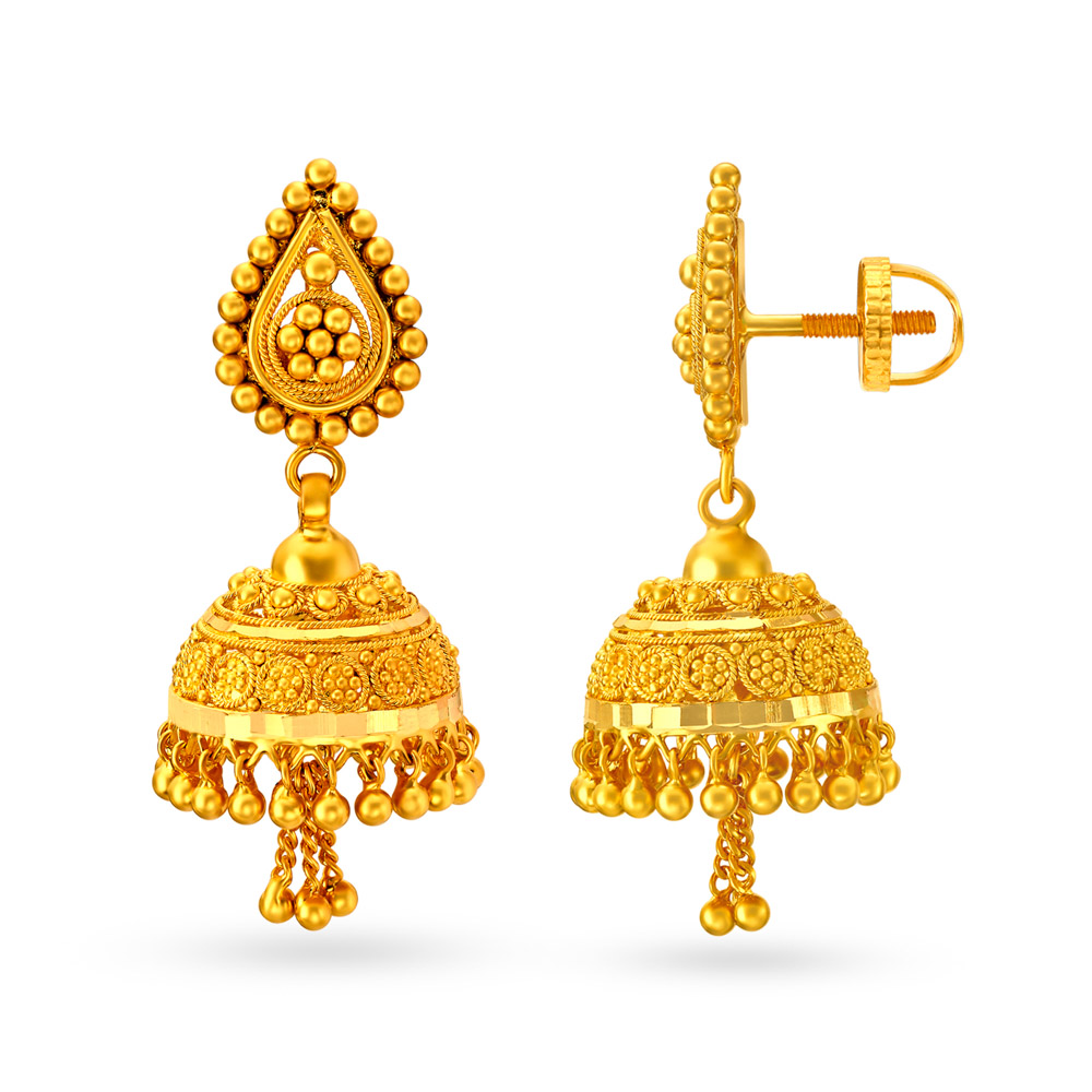 Ornate 22 Karat Yellow Gold Beaded Teardrop Jhumkas