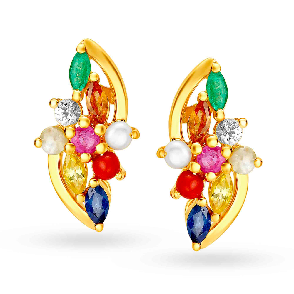 Gorgeous 18 Karat Gold And Multi Stone Stud Earrings