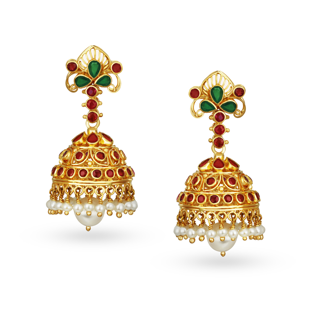 Alluring Emerald, Pearl and Ruby Jhumkas