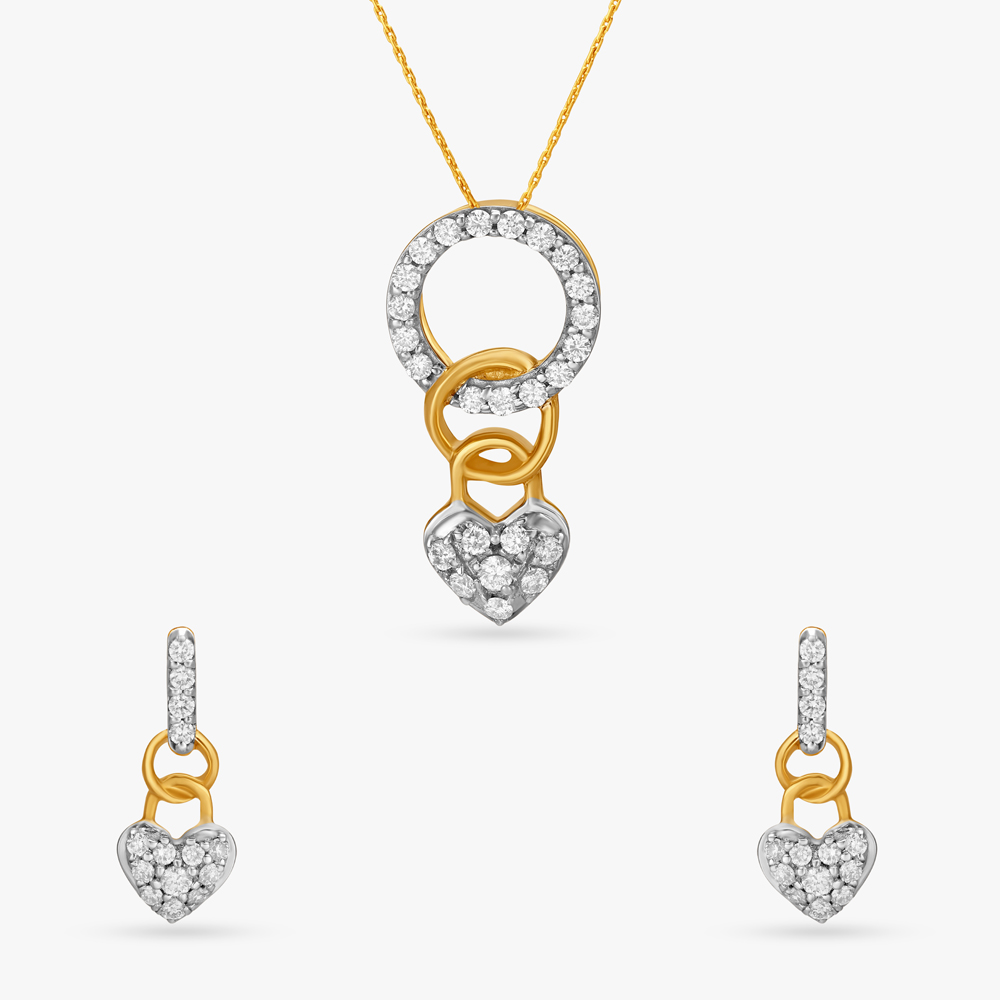Hanging Heart Diamond Pendant and Earrings Set