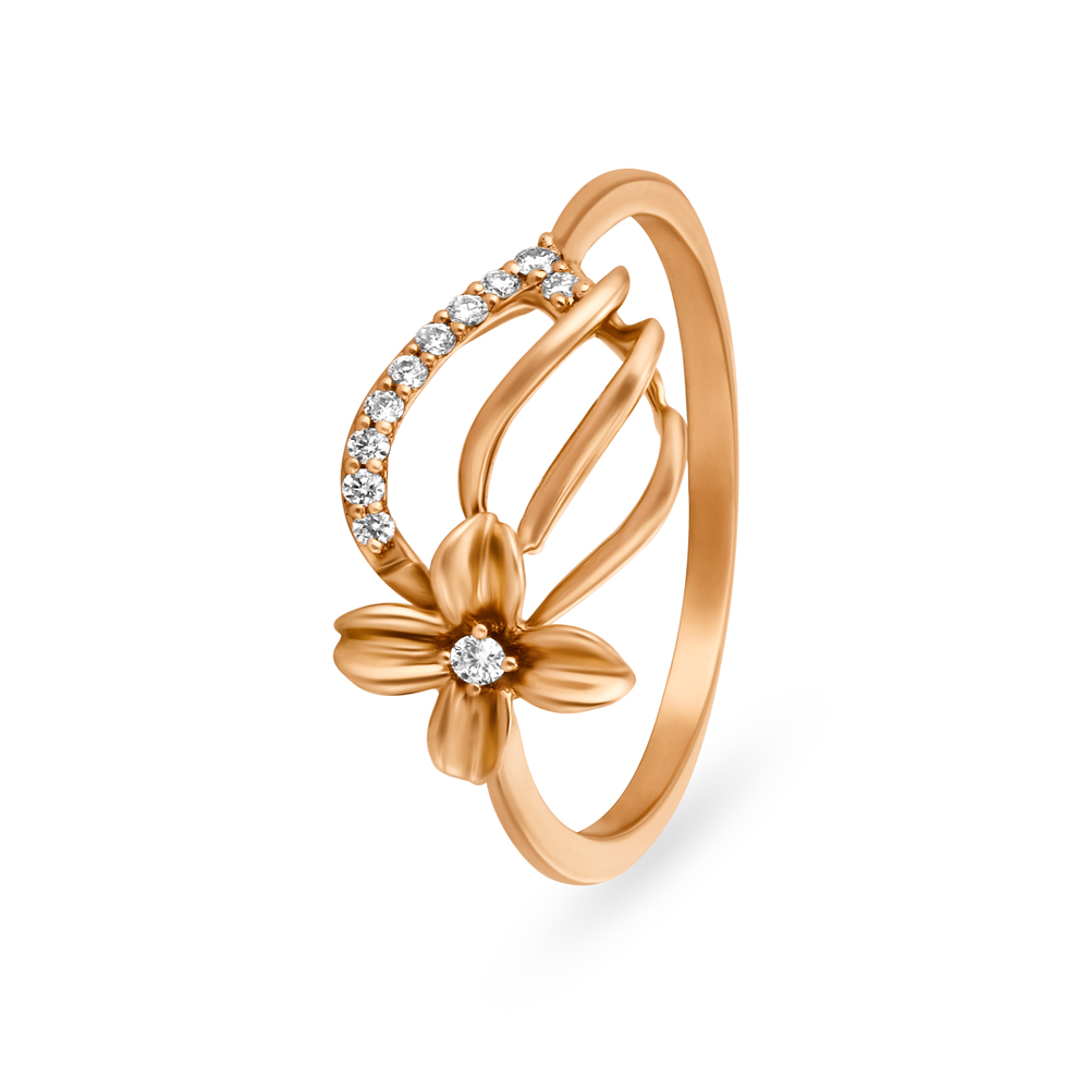 Dainty Floral Rose Gold and Diamond Finger Ring