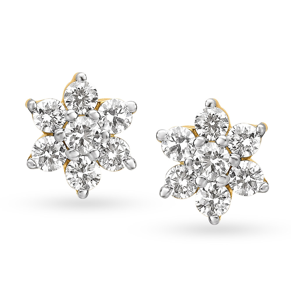 Exquisite Seven Stone Gold and Diamond Floral Stud Earrings