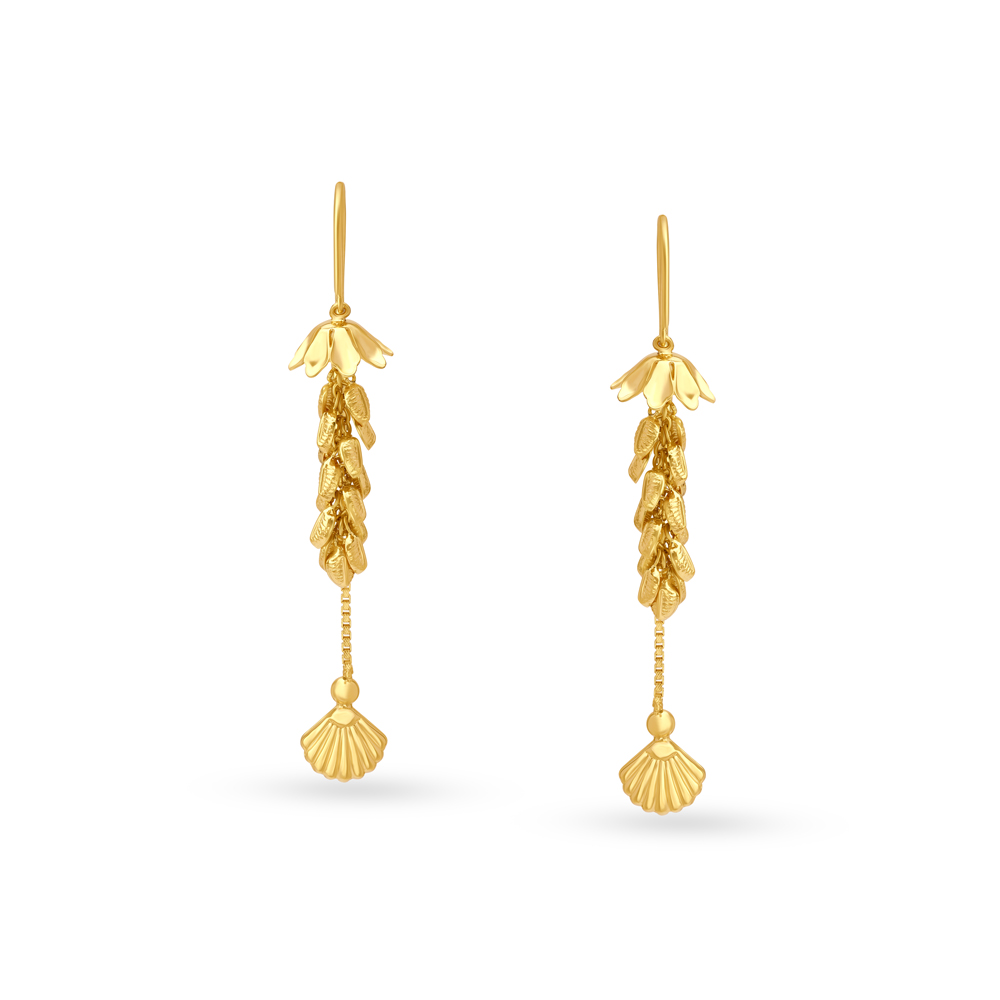 Oyster Shell Motif Dangling Gold Drop Earrings