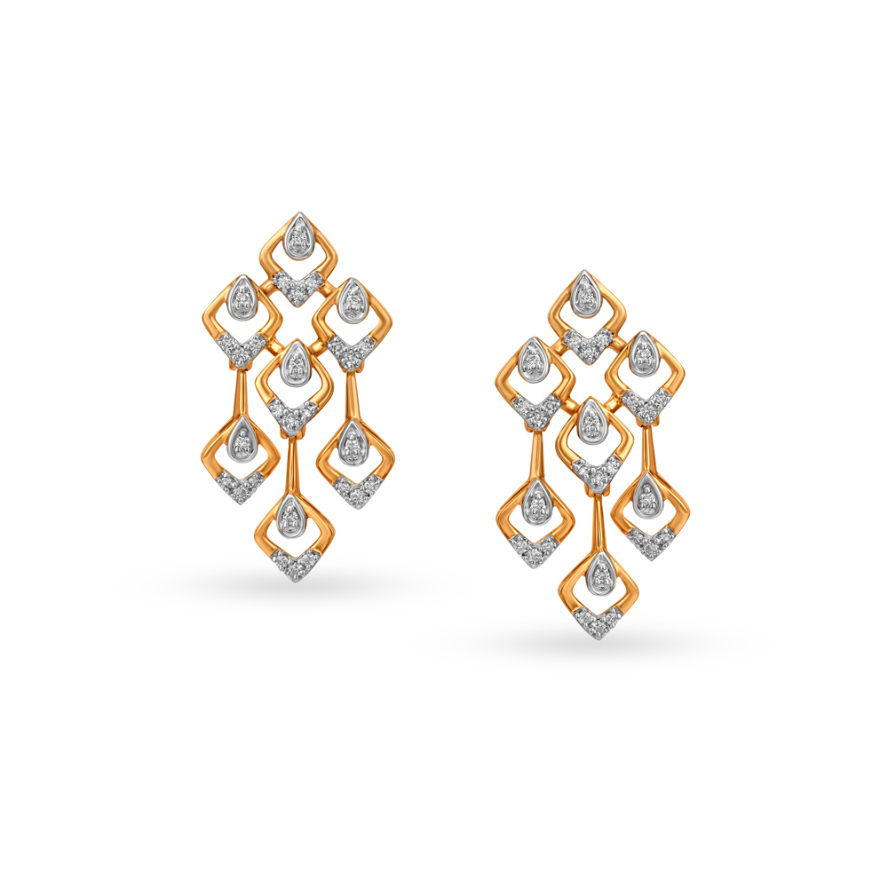 Quad Shape Diamond and Gold Drop Earrings