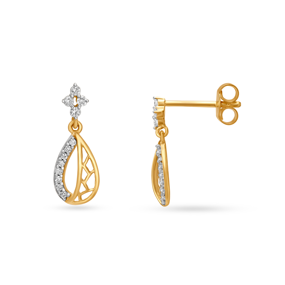 Floral Teardrop Gold and Diamond Drop Earrings