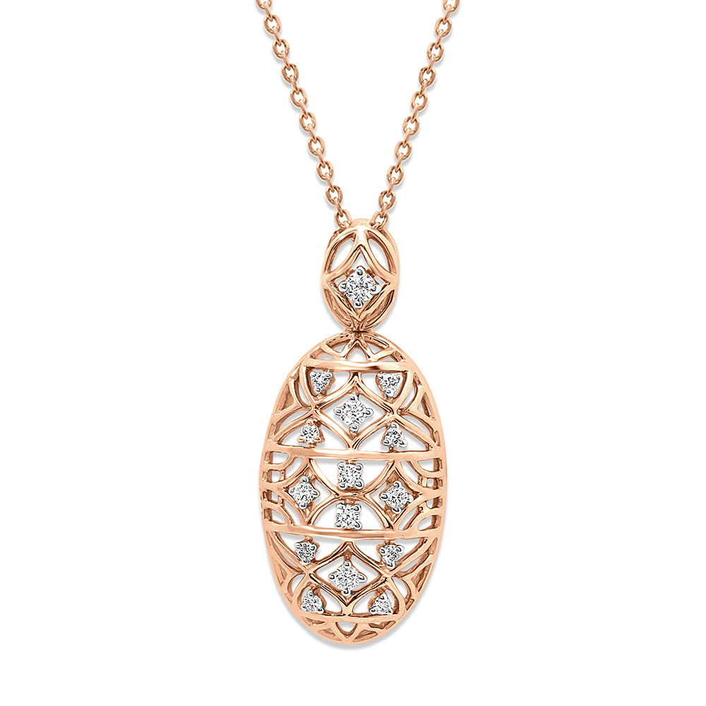 14 KT Rose Gold Oval Lattice Diamond Pendant With Chain