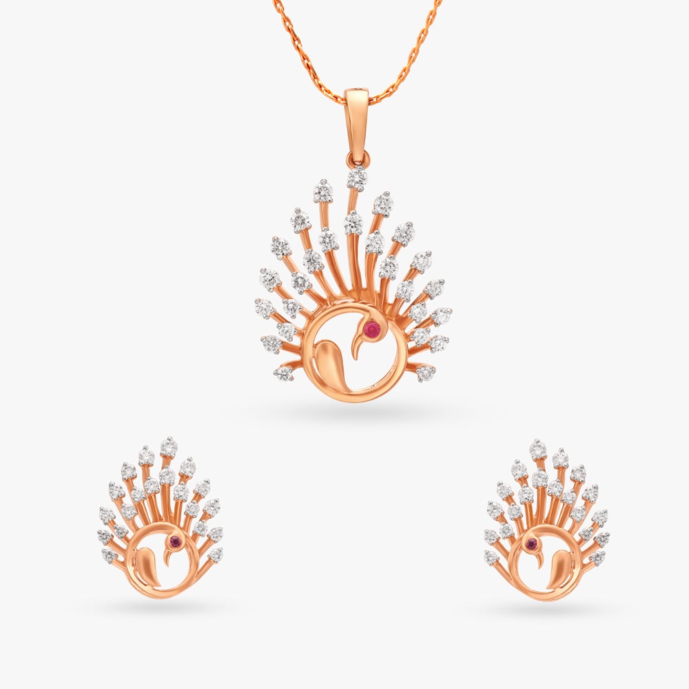 Dancing Peacock Diamond Pendant and Earrings Set