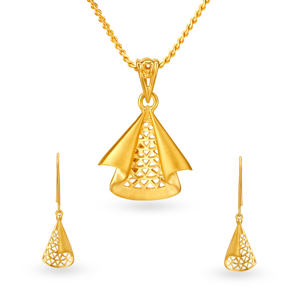 Urbane Yellow Gold Triangular Pendant and Earrings Set