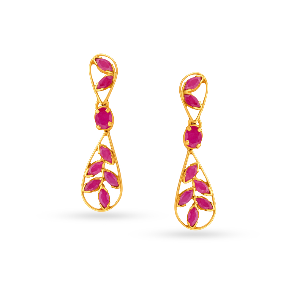 Ruby Teardrop Pattern Gold Drop Earrings