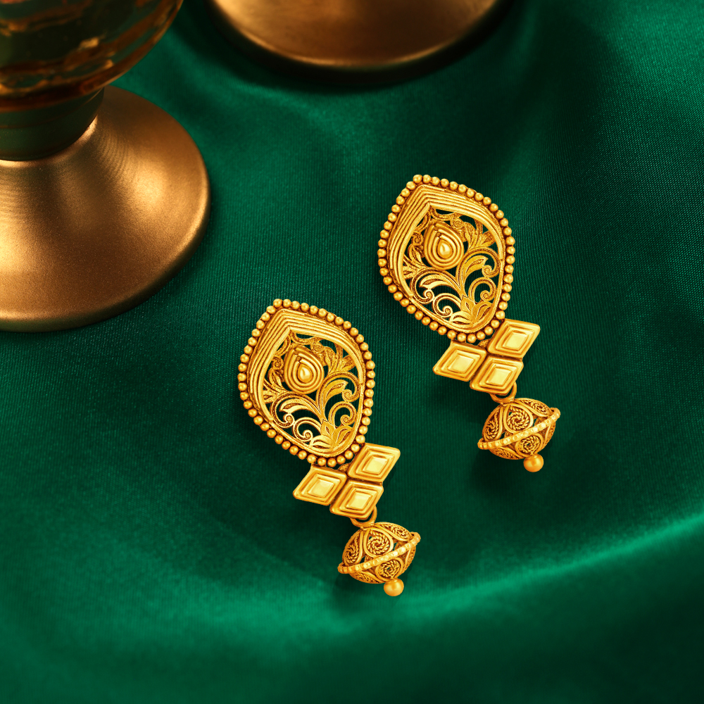 Traditional 22 Karat Yellow Gold Floral Drops