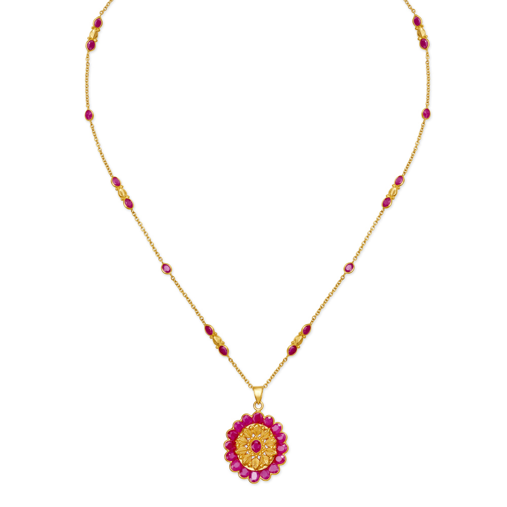 Gleaming Golden Ruby Blooms Pendant with Chain