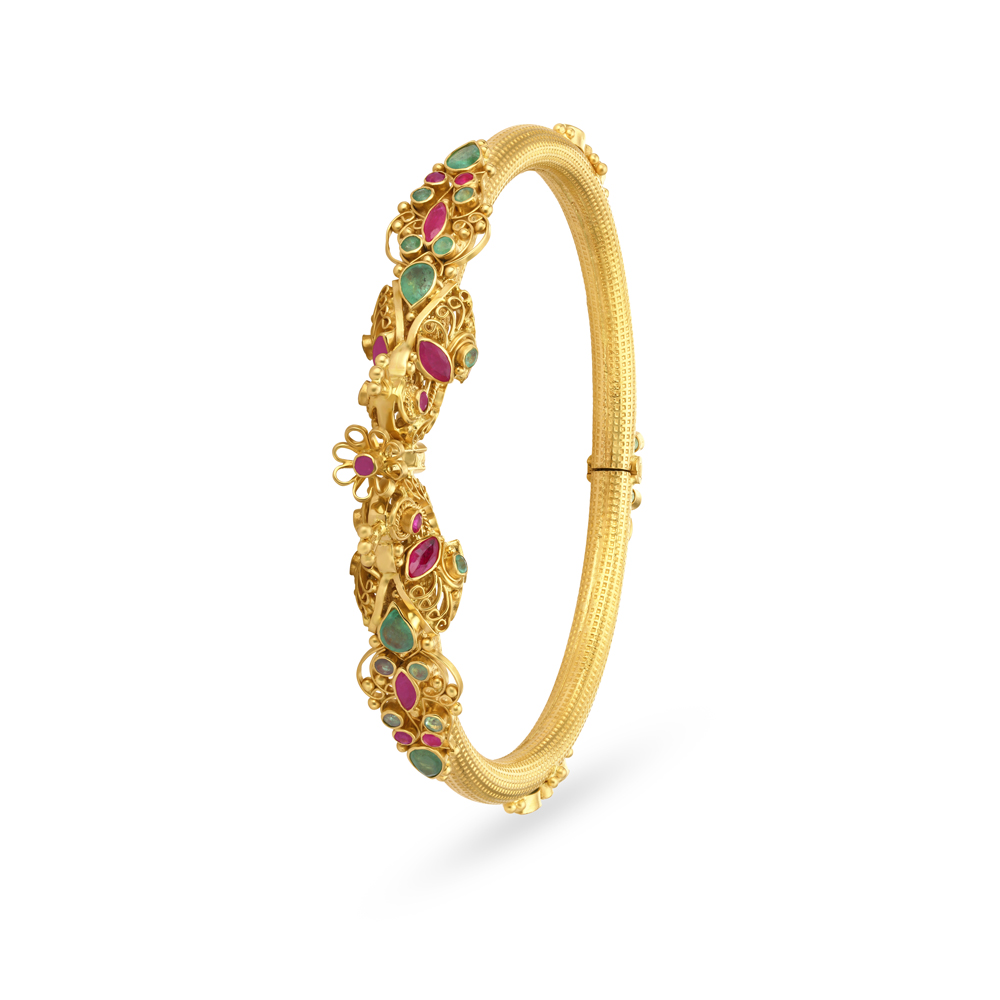 Attractive Emerald and Ruby Gold Kada Bangle