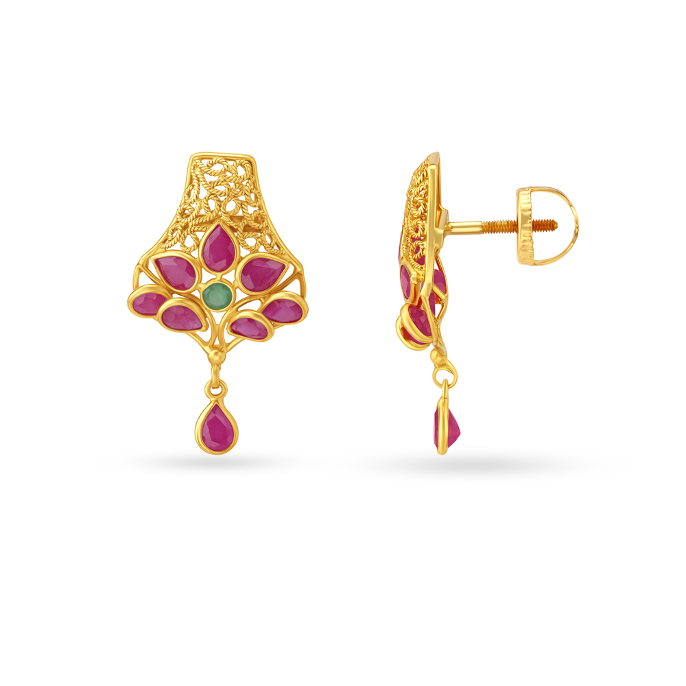 Beguiling Emerald And Ruby Gold Drop Earrings
