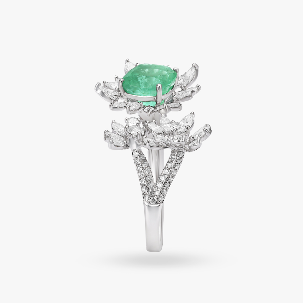 Elegant Emerald and Dazzling Diamond Floral Finger Ring