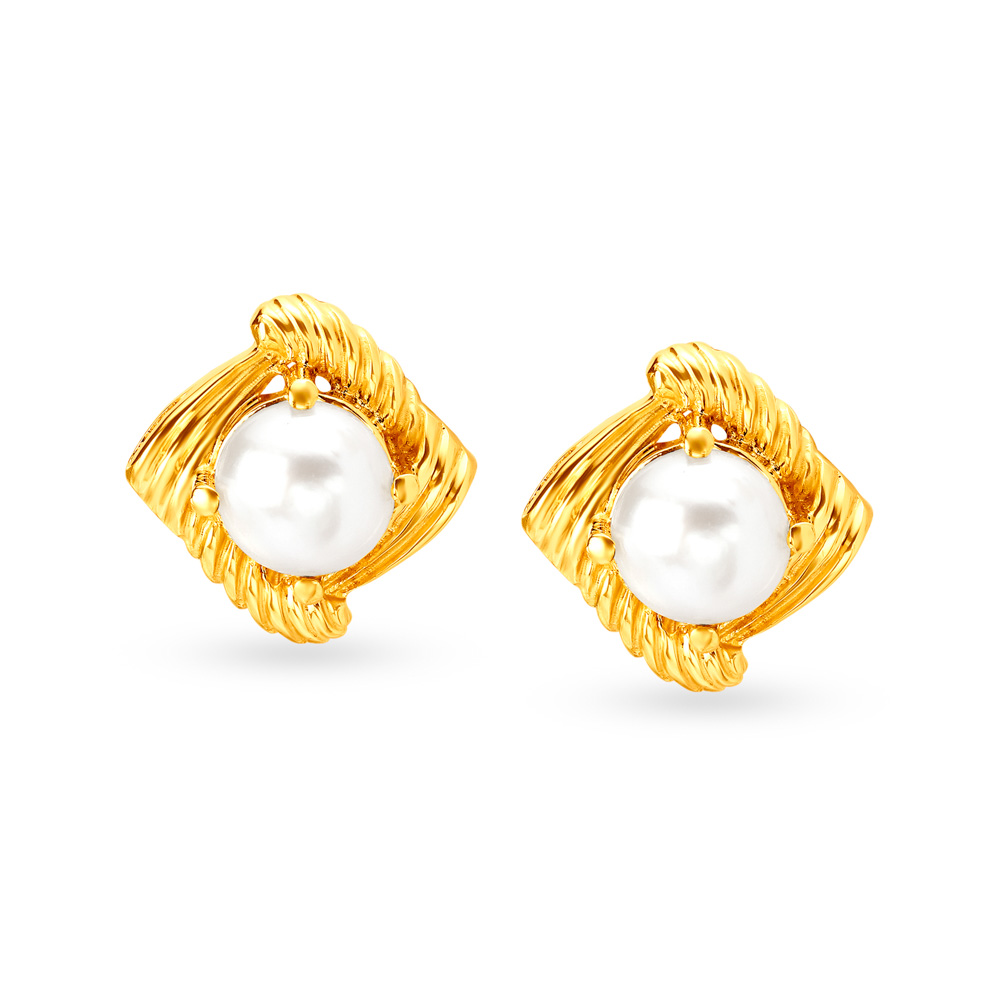 Contemporary 18 Karat Gold And Pearl Square Stud Earrings